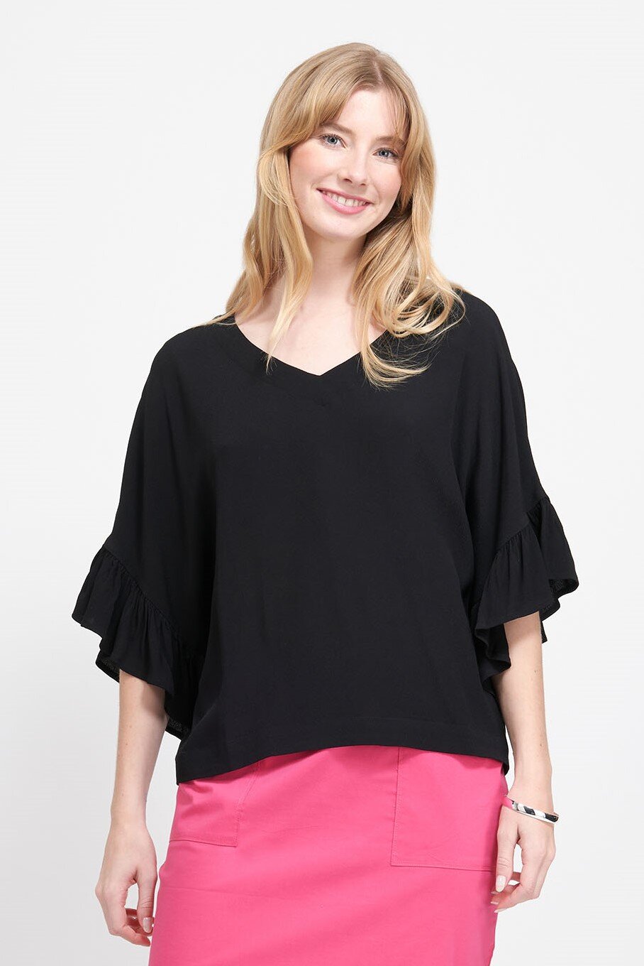 Top, Relaxed, Ruffle Cuff (Black) - Tops : Just Looking - Foil S22
