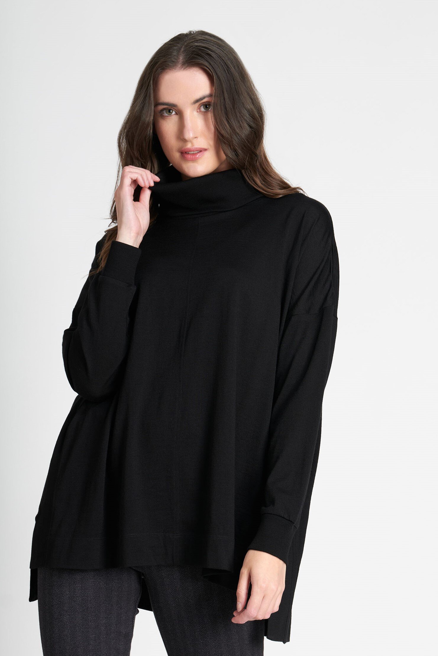 Merino Top, Relaxed Fit, Split Sides (Black/Black) - Tops : Just ...