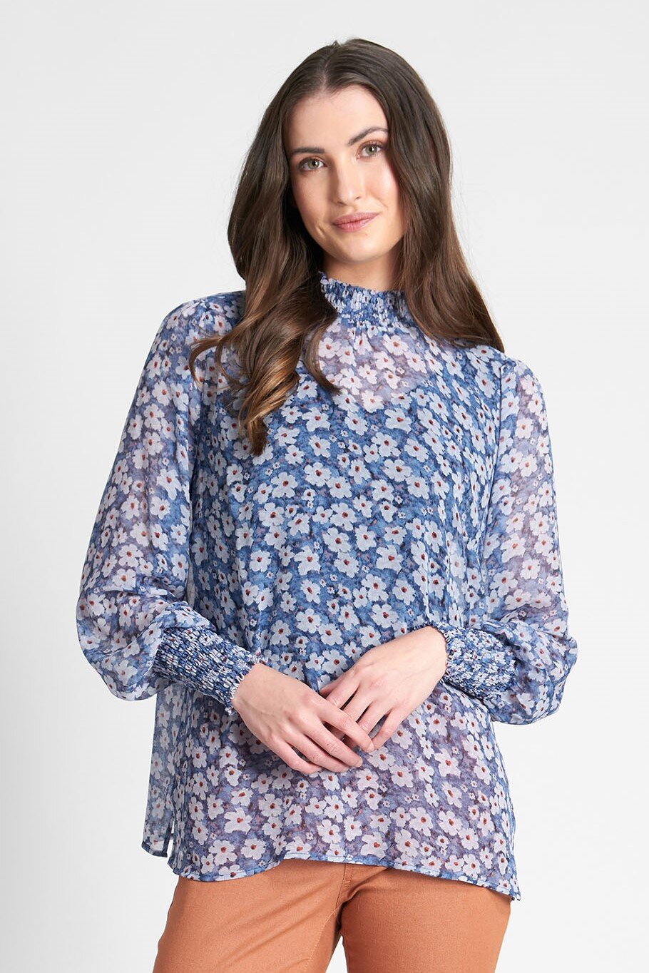 Blouse, Ruffle, Shirred Cuff (Ocean Flower) - Tops : Just Looking ...