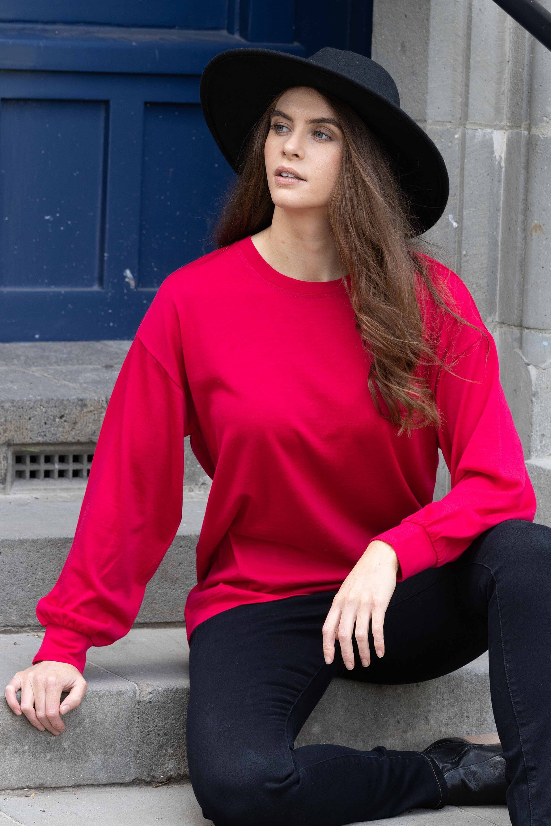 Merino Round Neck Drop Shoulder Top (Ruby) - Tops : Just Looking ...