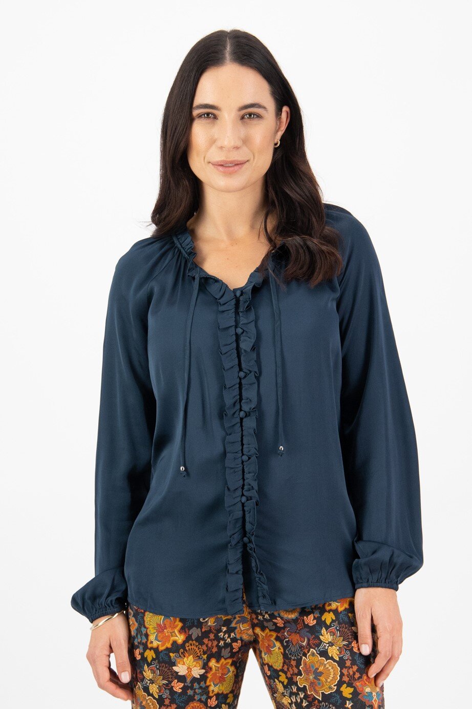 V Neck Top w Front Frill & Neck Ties (Peacock) - Tops : Just Looking ...