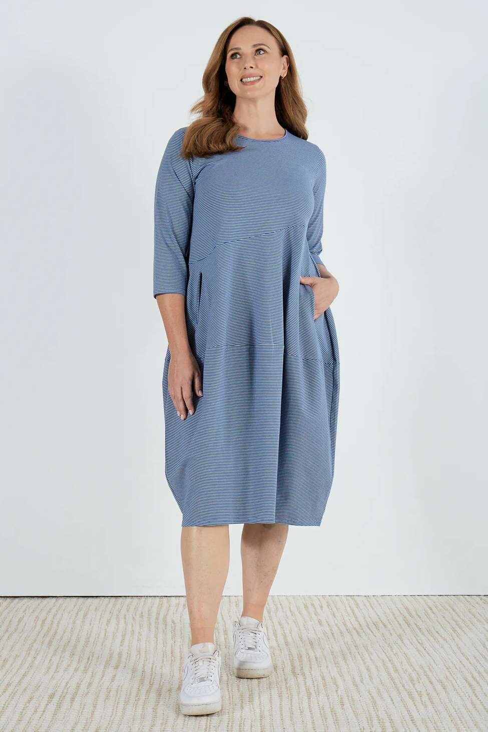 3/4 Stripe Diagonal Seam Dress (Lt Blue Stripe) - Dresses : Just ...