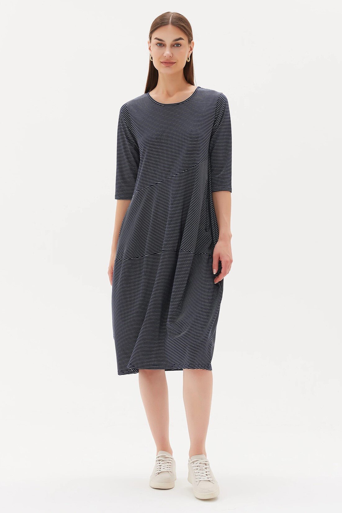 Diagonal Seam Dress (Navy Stripe) - Dresses : Just Looking - Tirelli W23