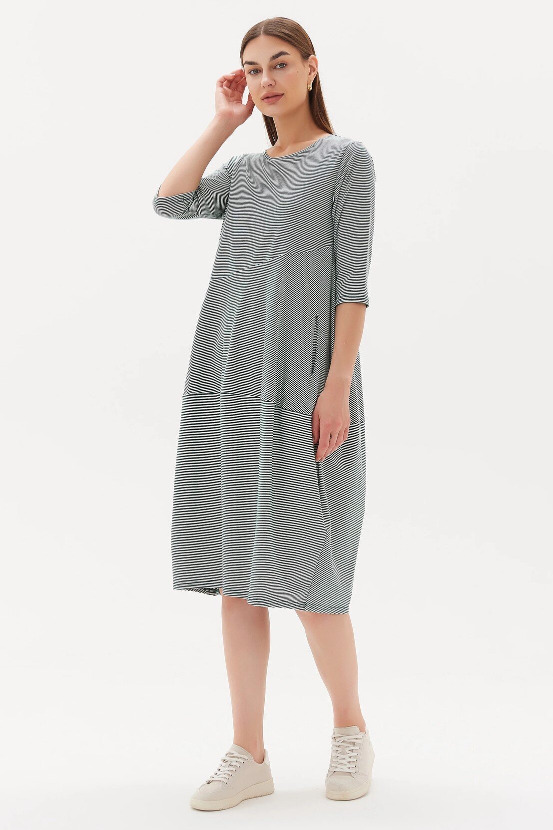 Diagonal Seam Dress (Dark Green Stripe) - Dresses : Just Looking ...