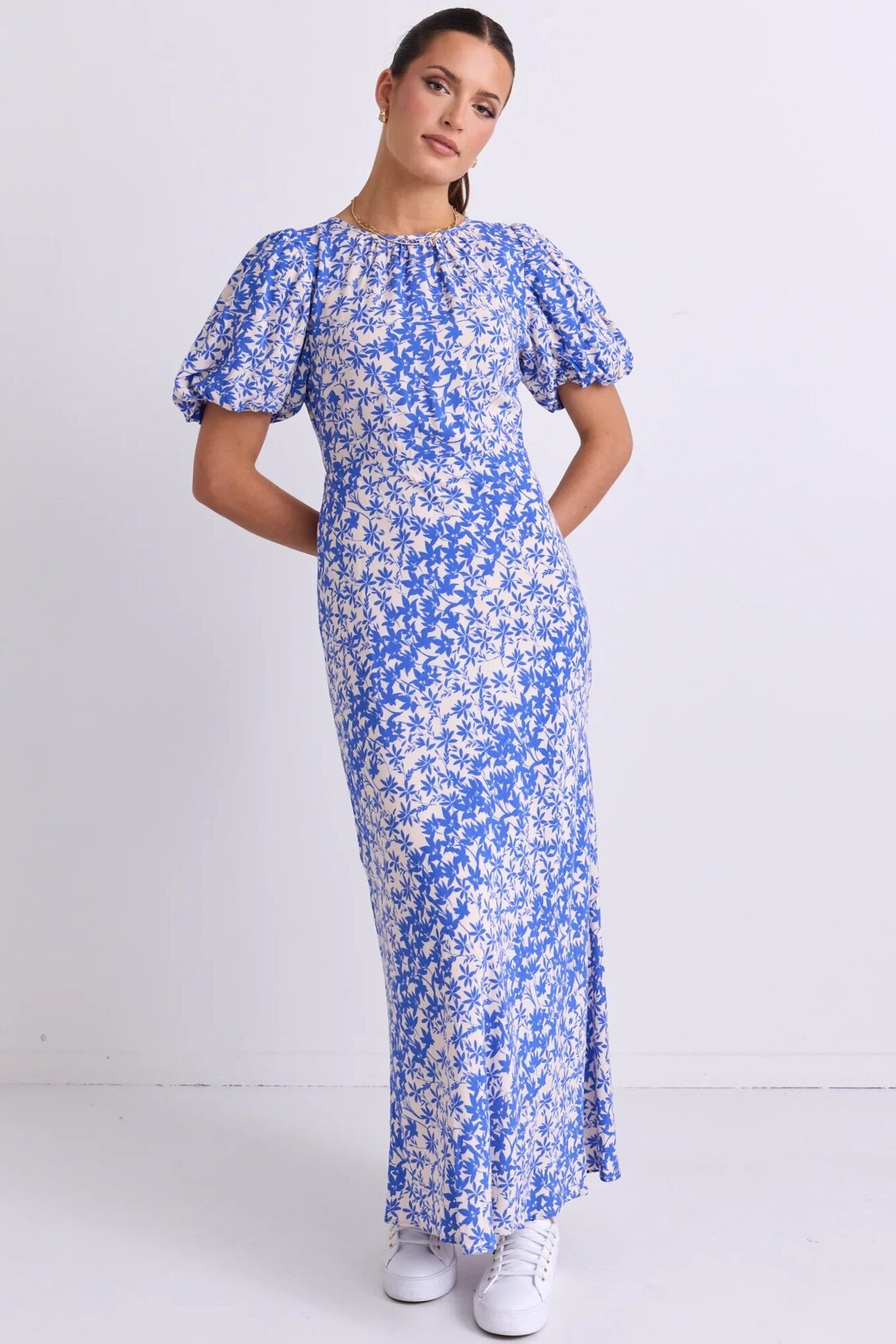 Astrid Blue Floral Puff Sleeve Bias Maxi Dress - Dresses : Just Looking ...