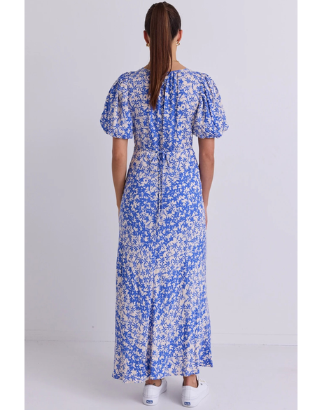 Astrid Blue Floral Puff Sleeve Bias Maxi Dress - Dresses : Just Looking ...